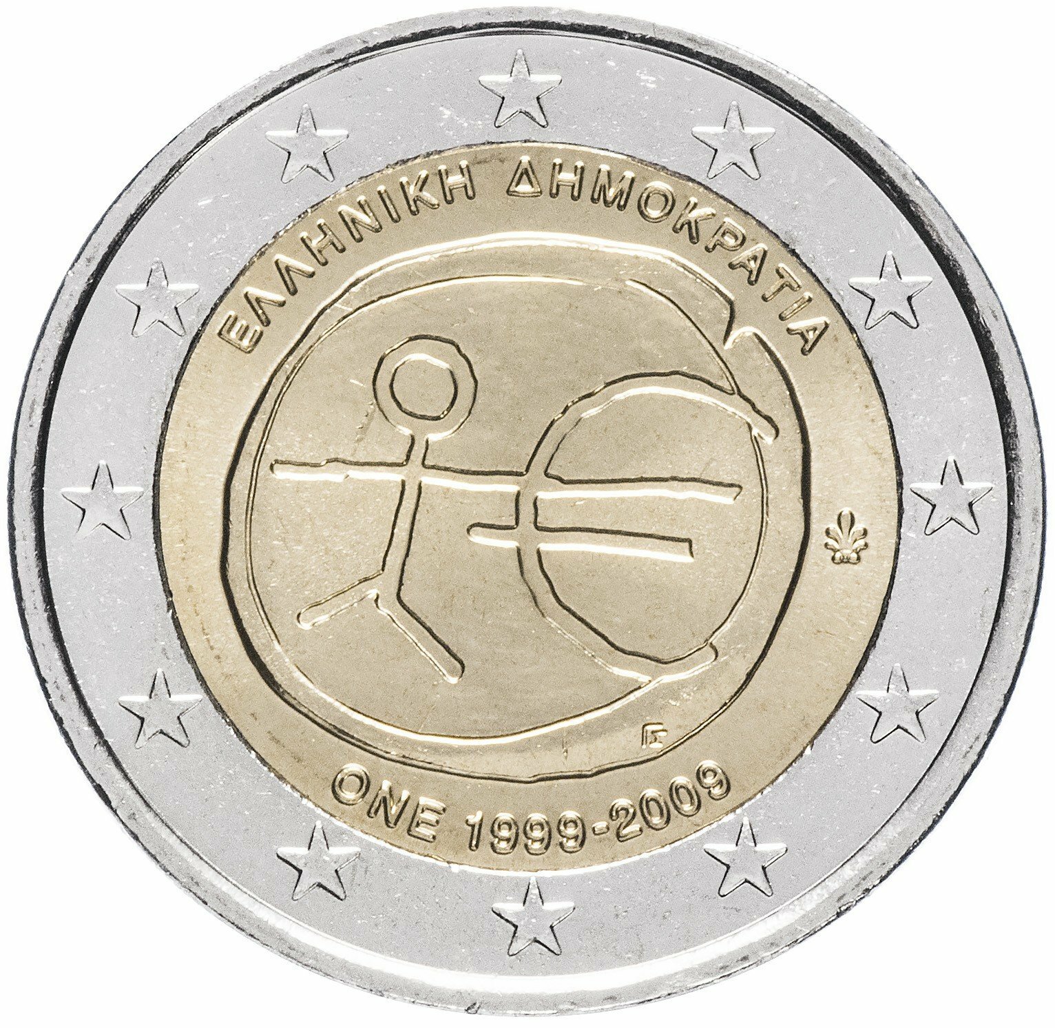 Греция 2 евро 2009 "10 лет Экономическому и валютному союзу", Биметалл, в сохранности UNC