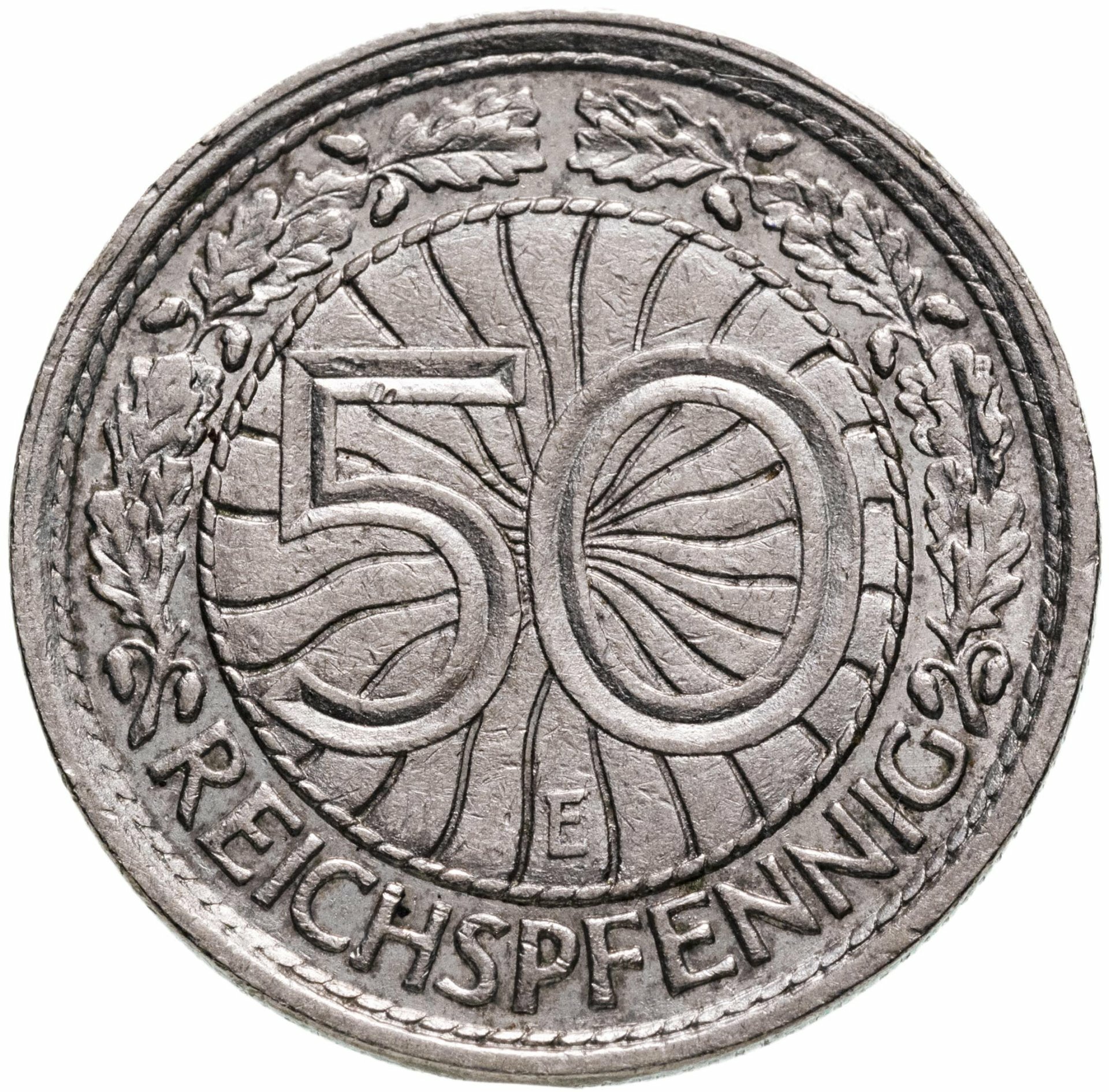 Германия 50 рейхспфеннигов reichspfennig 1928 знак монетного двора "E" — Мульденхюттен, Никель, в сохранности XF