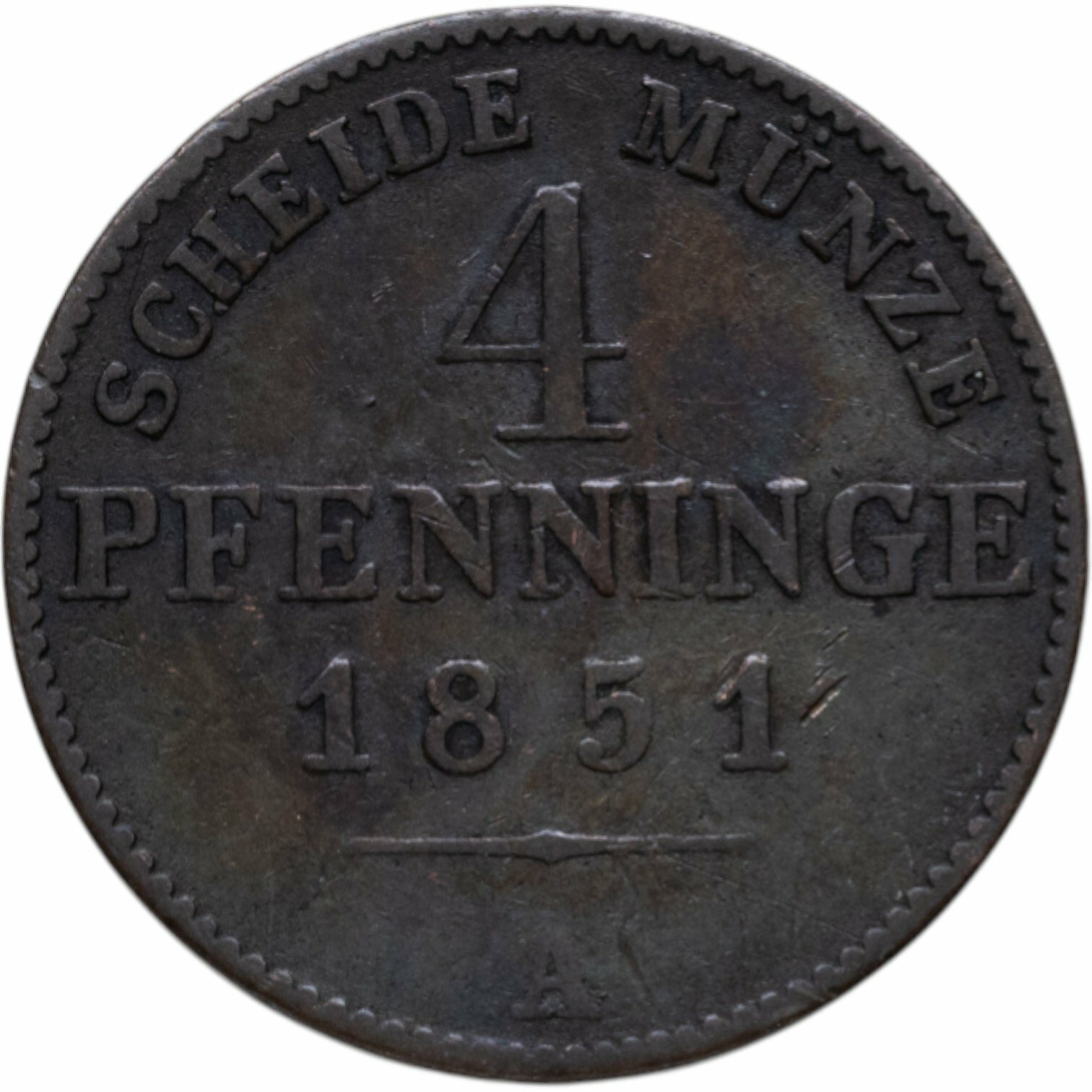 Пруссия 4 пфеннига pfennige 1851 A, Медь, в сохранности VF