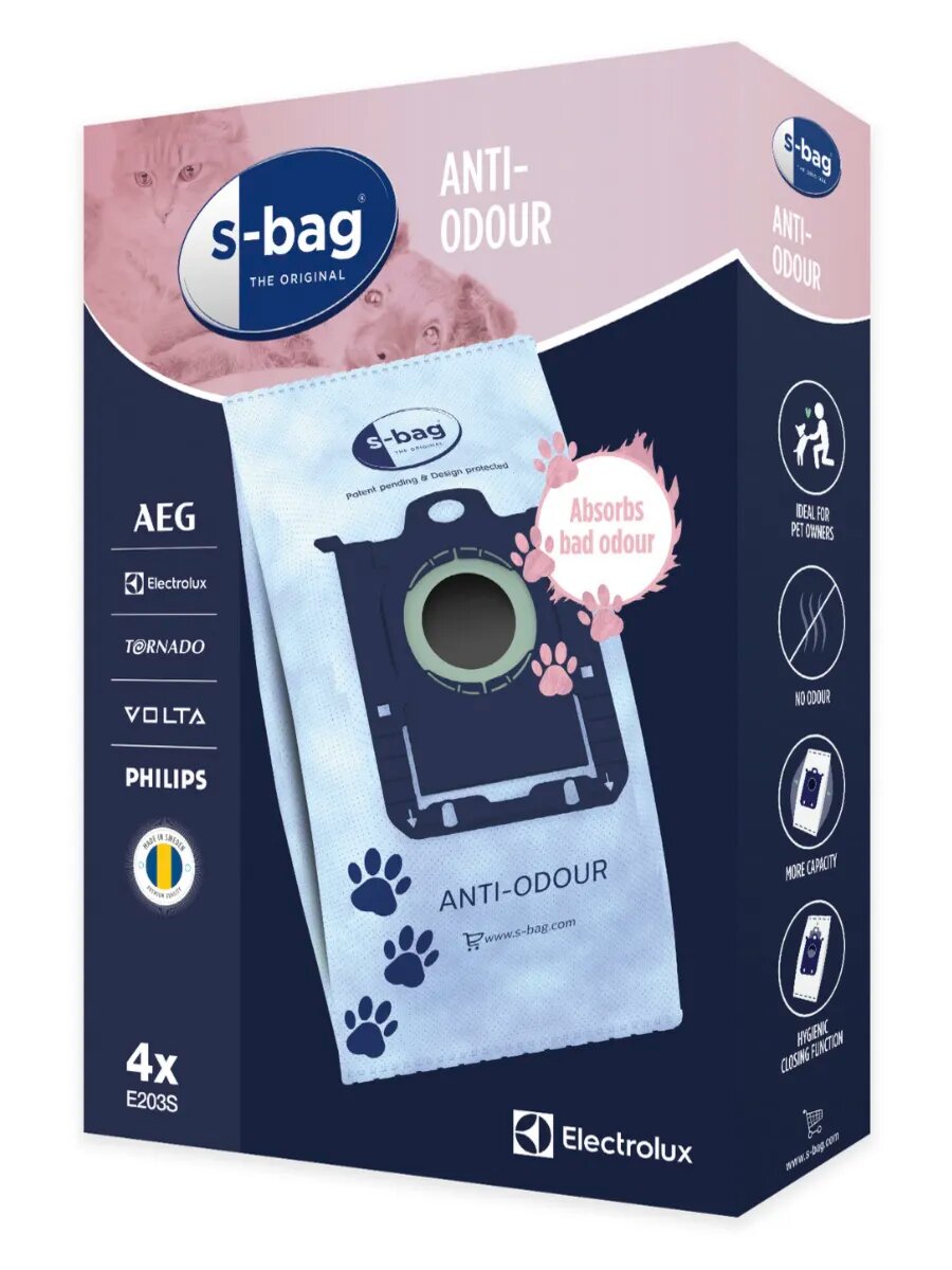 Мешки для пылесосов Philips и Electrolux E203S S-Bag Anti-Odour Vacuum Cleaner Bags, 4 шт