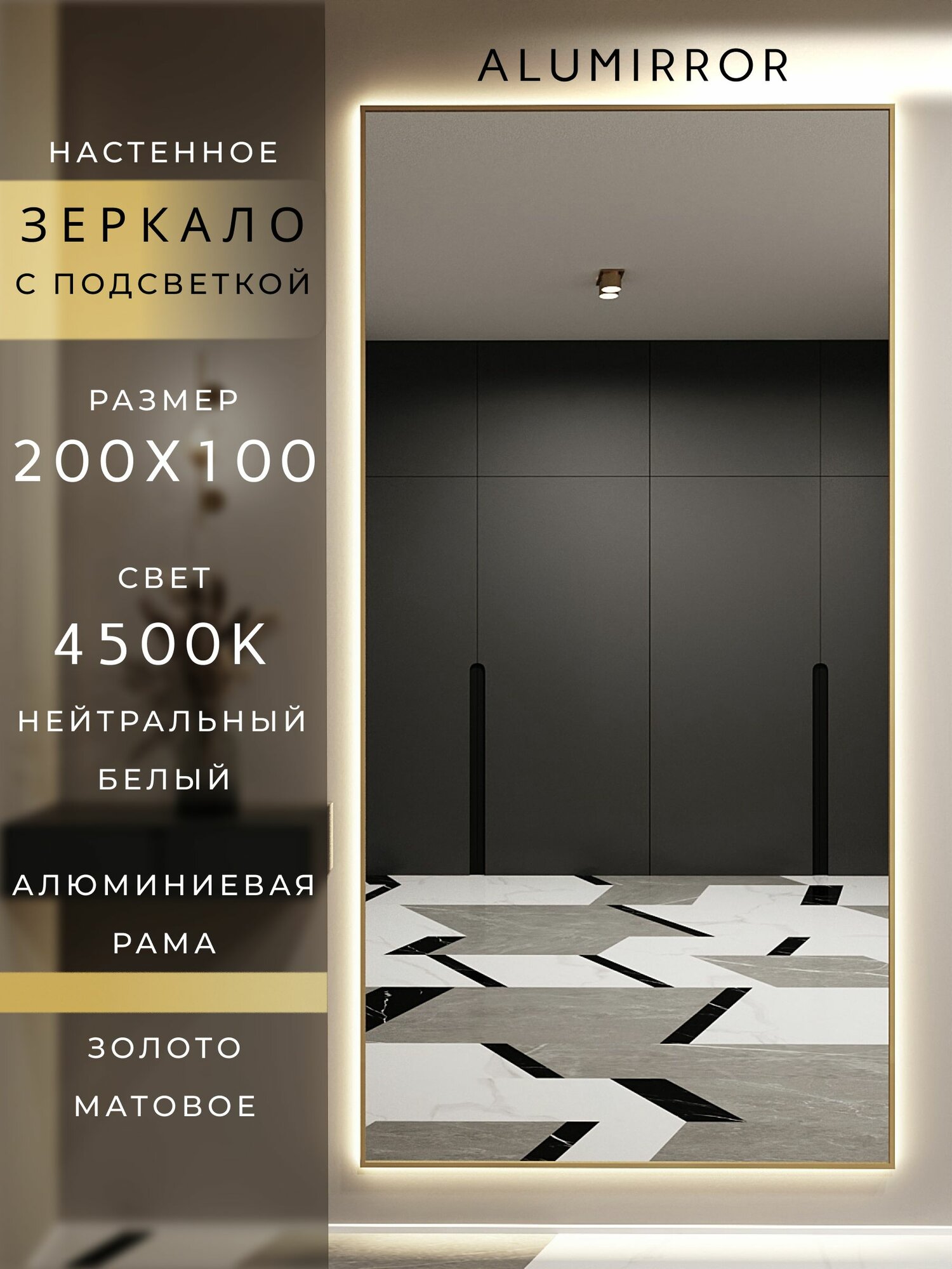 Зеркало настенное 200х100 см. золото с подсветкой Свет: Нейтральный белый 4500К В алюминиевой раме интерьерное ALUMIRROR