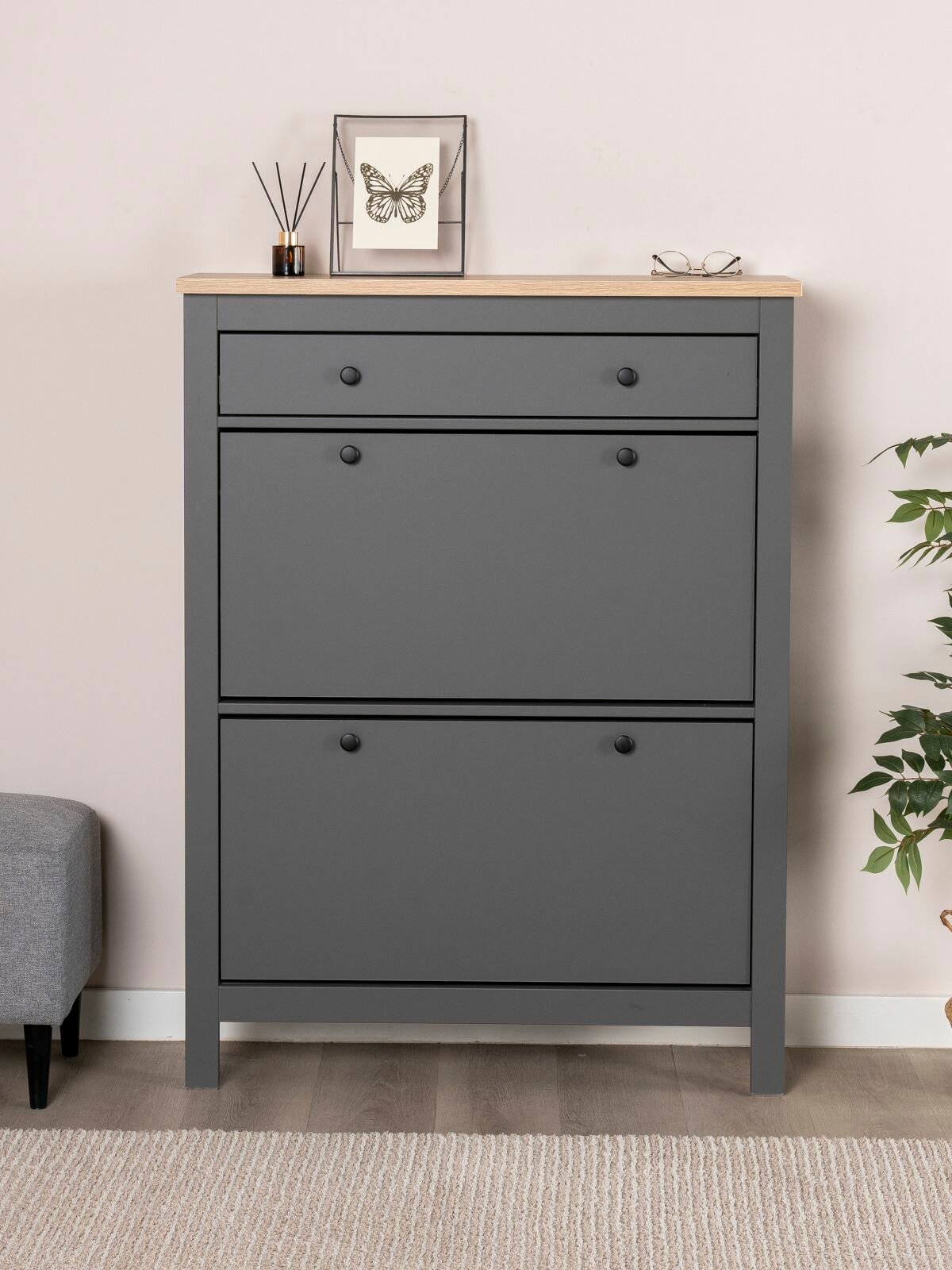 Обувница Сага с 2 откидными ящиками 92х122 серая-ясень, ГУД лакк