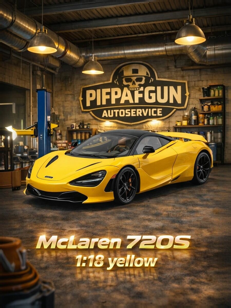 Металлическая машинка McLaren 720S 1:18 жёлтая свет и звук, инерционная, открываются двери/капот/багажник, кабриолет, 3+