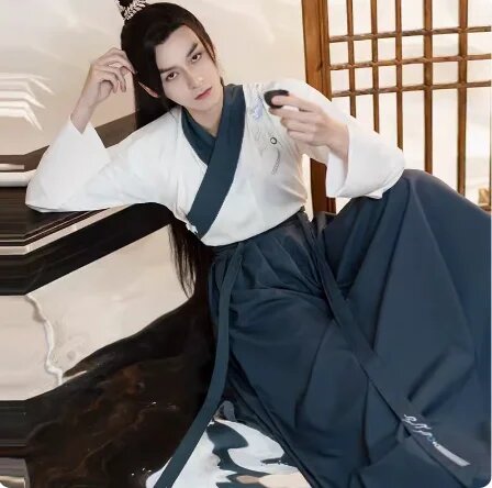 Мужской черный ханьфу 3XL Темно-синий, L, White 2pcs set