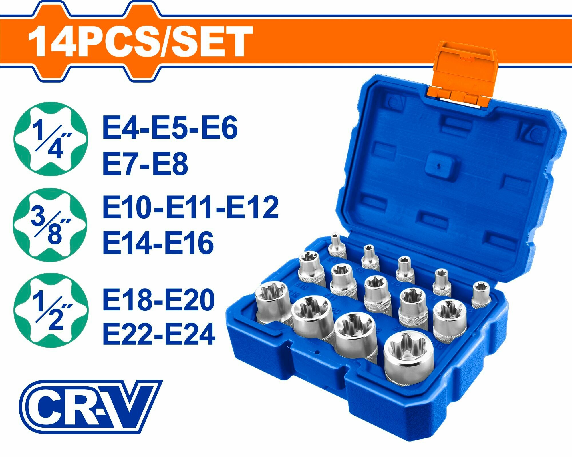 Набор головок TORX "WADFOW" Cr-V, 14 шук в пластмассовом кейсе