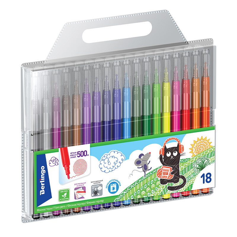 4 шт. Фломастеры Berlingo "Жил-был кот", 18цв, смываемые, блистер