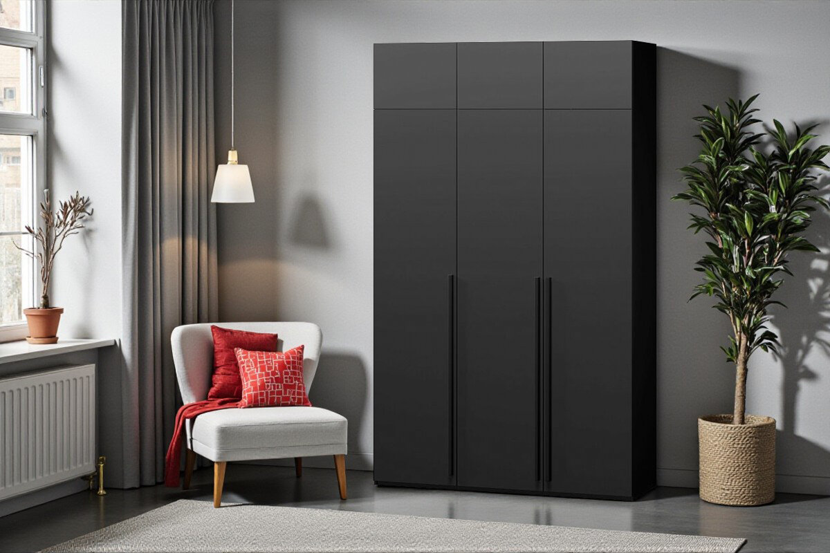 Распашной трехсекционный шкаф Лорена Пакс-3 с антресолью Черныи 0190 PE NEW 120x40x230 см, черный Фиеста