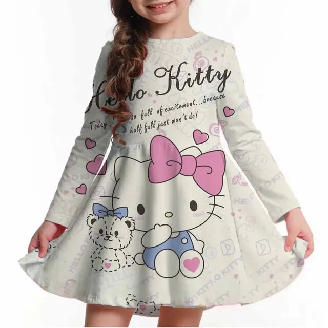 Платье с длинными рукавами и принтом Hello Kitty для девочек, идеально подходит для повседневной носки в праздничные дни, вечеринок или в качестве подарка.