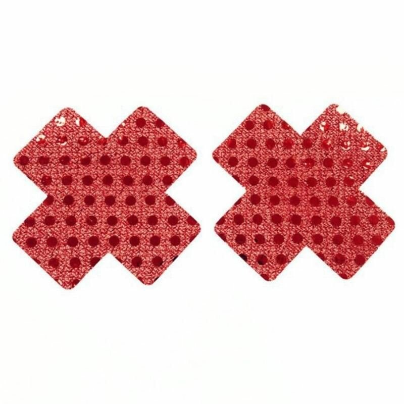 Блестящие накладки на соски с кисточками, красный крест