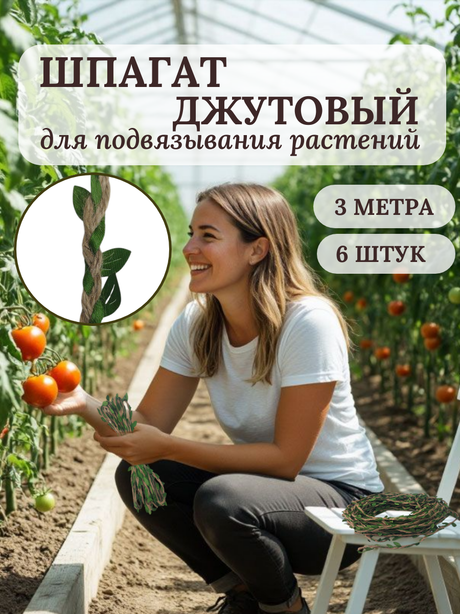 Джутовая верёвка с листочками / бечёвка | Шпагат для подвязки томатов, огурцов | Нить для плетения и хенд-мейда