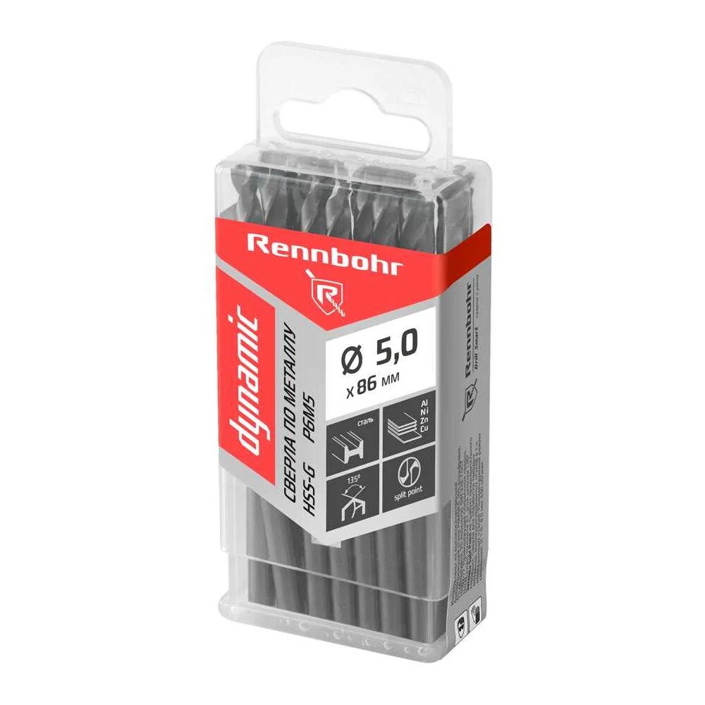 Сверло по металлу RENNBOHR DYNAMIC PROM 5.0x86 мм, HSS-G, P6M5, 20 шт/уп