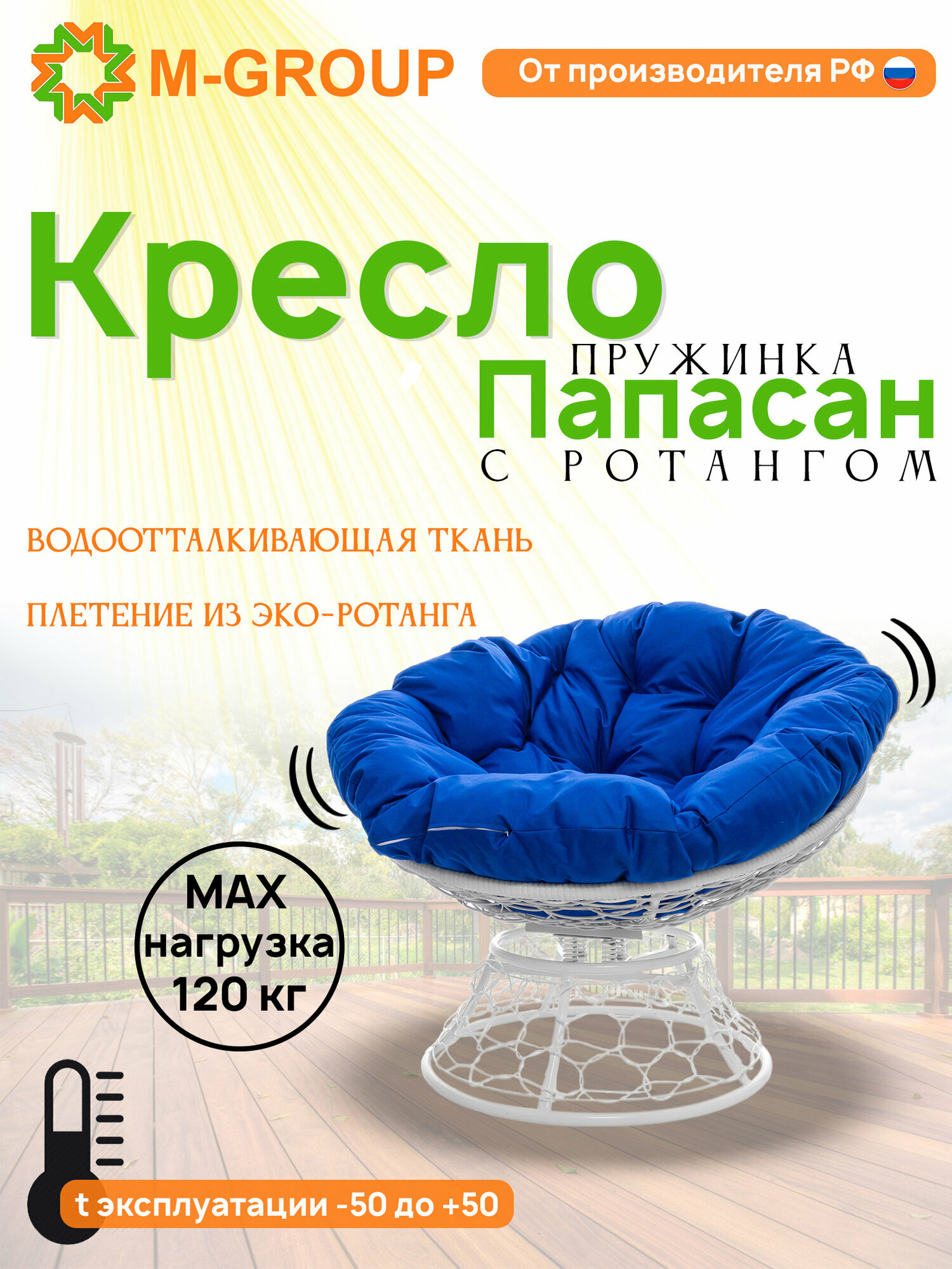 Кресло папасан пружинка с ротангом белое, синяя