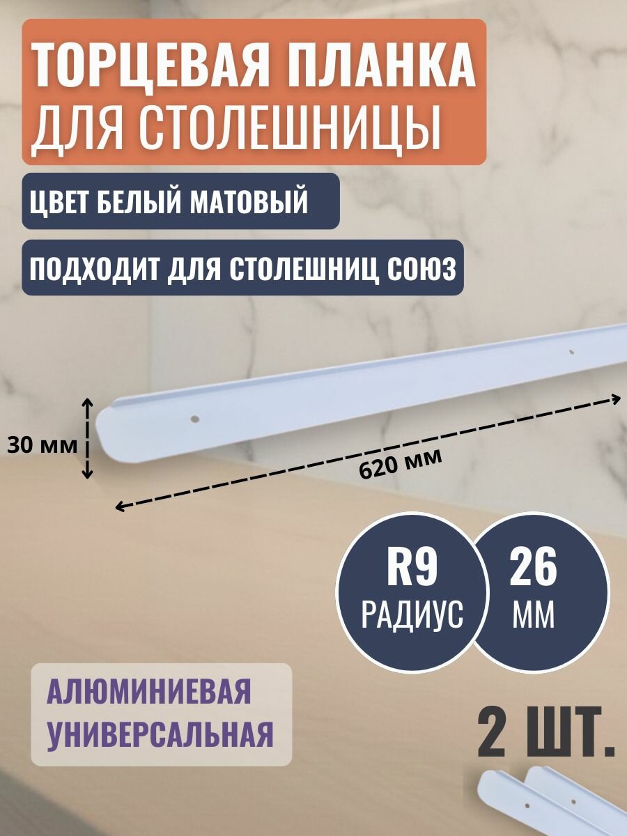 Планка торцевая для столешницы 26 мм R9 универсальная 620 мм цвет Белый матовый 2 шт.