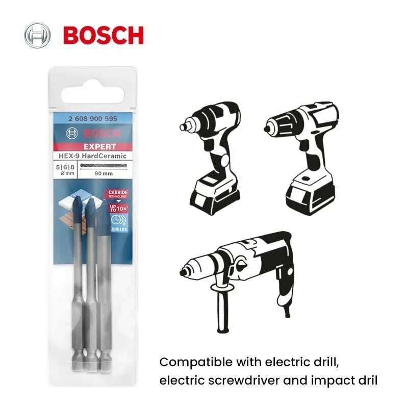 Сверло Bosch Expert Series HEX-9, 3шт, для сверления твердой керамики