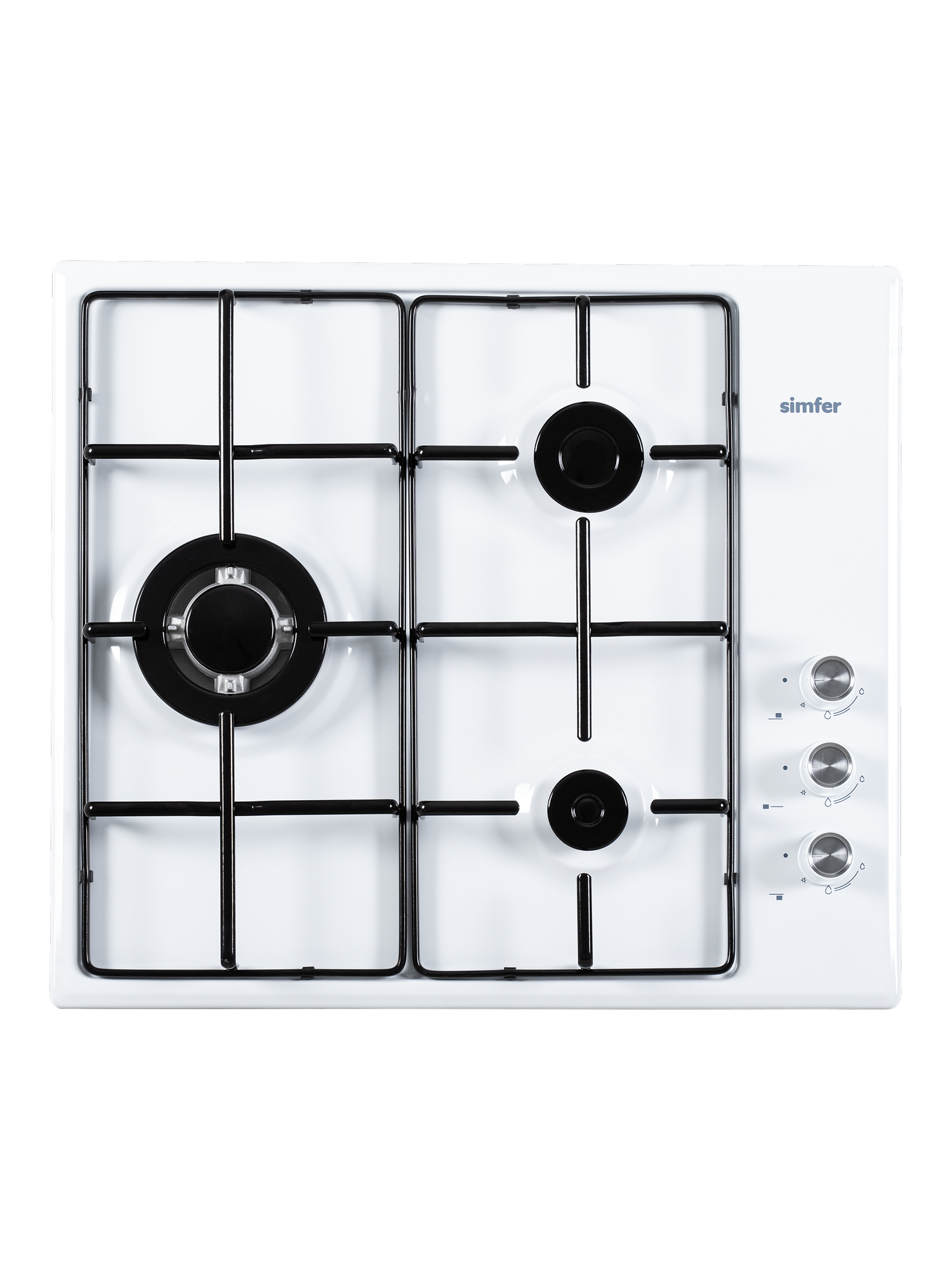 Варочная панель газовая Simfer 60см, 3 конфорки, электроподжиг, WOK конфорка, белая эмаль, 5 ЛЕТ гарантия, турция