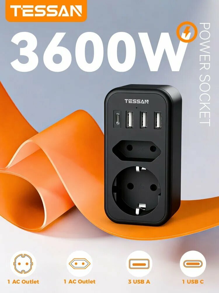 Тройник для розетки TESSAN с 2 розетками, 3 портом USB A, 1 портом Type-C, чёрный