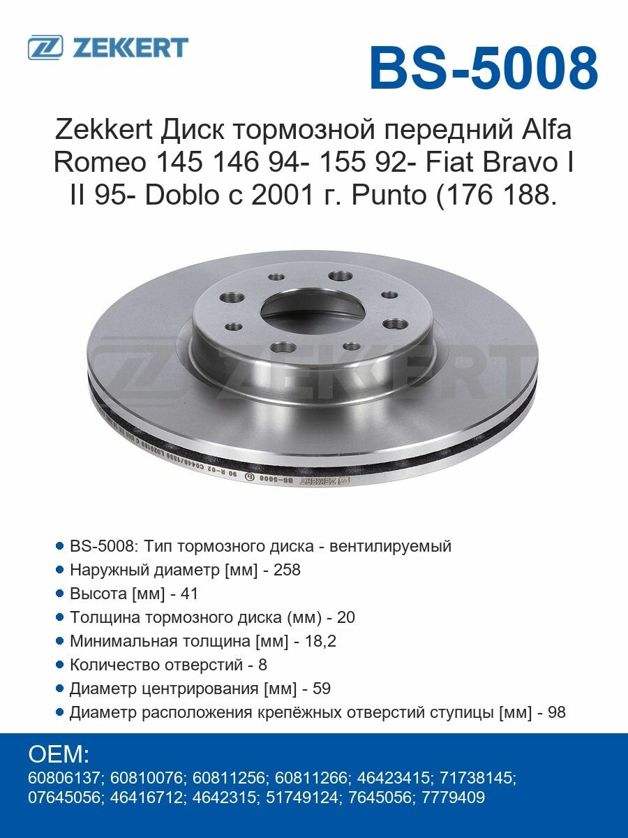 Zekkert Диск тормозной передний Alfa Romeo 145 146 94- 155 92- Fiat Bravo I II 95- Doblo с 2001 г. Punto (176 188.