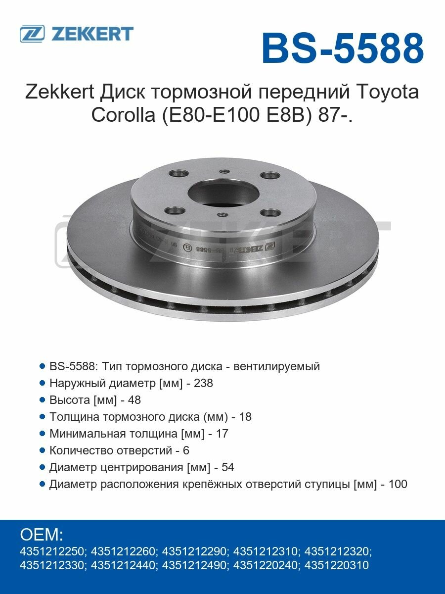 Zekkert Диск тормозной передний Toyota Corolla (E80-E100 E8B) 87-.