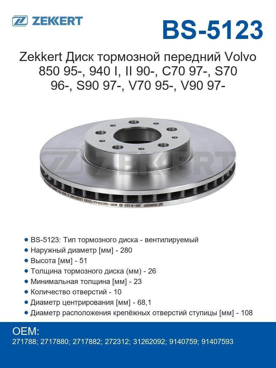 Zekkert Диски тормозные передний Volvo 850 95-, 940 I, II 90-, C70 97-, S70 96-, S90 97-, V70 95-, V90 97-