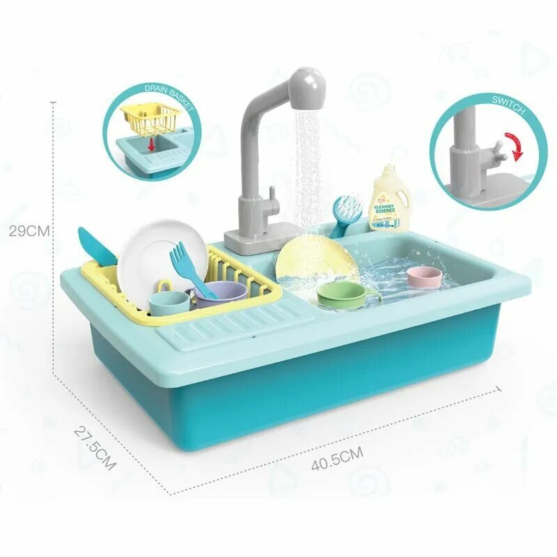 Игрушечная раковина с водой игровой набор для детской кухни, 13 предметов, кран, губка, столовые приборы и посуда, Синий