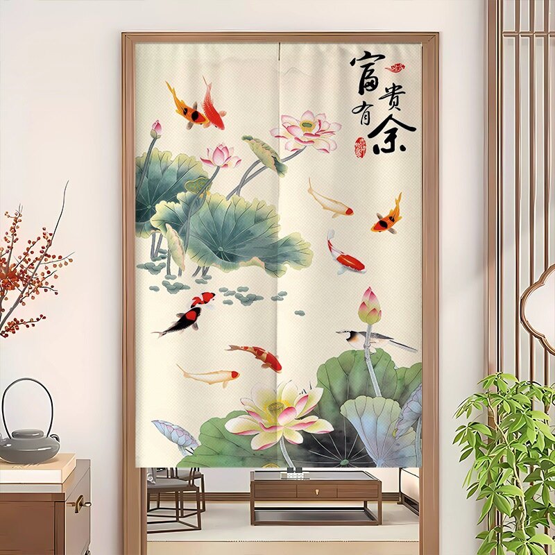 Китайский стиль занавески для двери в виде лотоса, занавеска для ванной, занавеска для туалета, лотос, без сверления, полузанавеска, фэн-шуй, блокирующая занавеска, полузанавеска