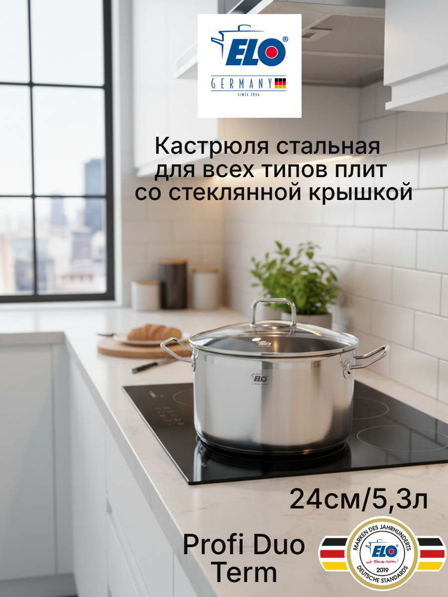 Кастрюля 24 см 5.3 л ELO Profi Duo Therm, для индукционной плиты, стальная, со стеклянной крышкой