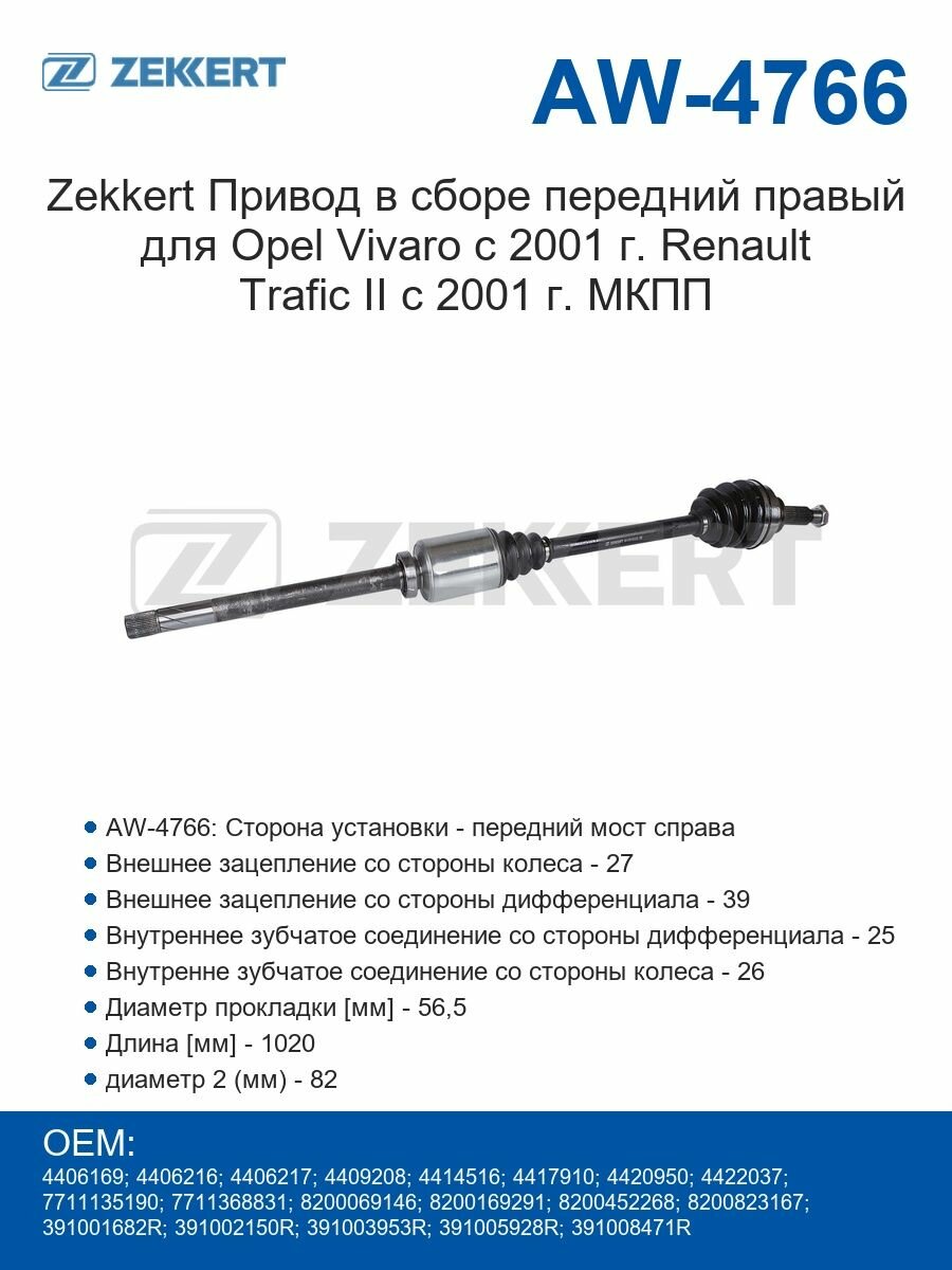 Zekkert Привод в сборе передний правый для Opel Vivaro с 2001 г. Renault Trafic II с 2001 г. МКПП