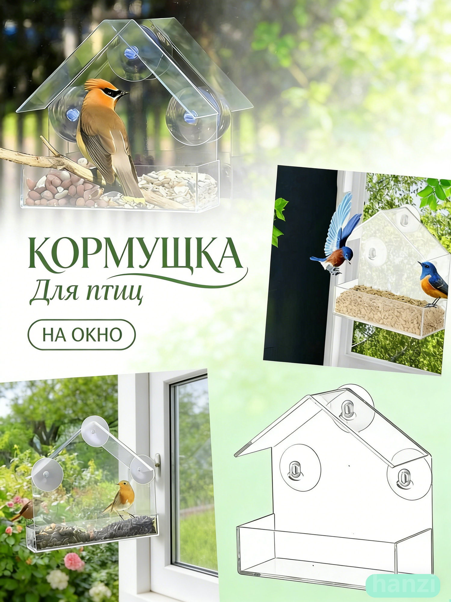 Кормушка для птиц, акрил, на присоске, прозрачная, 15x6x15 см