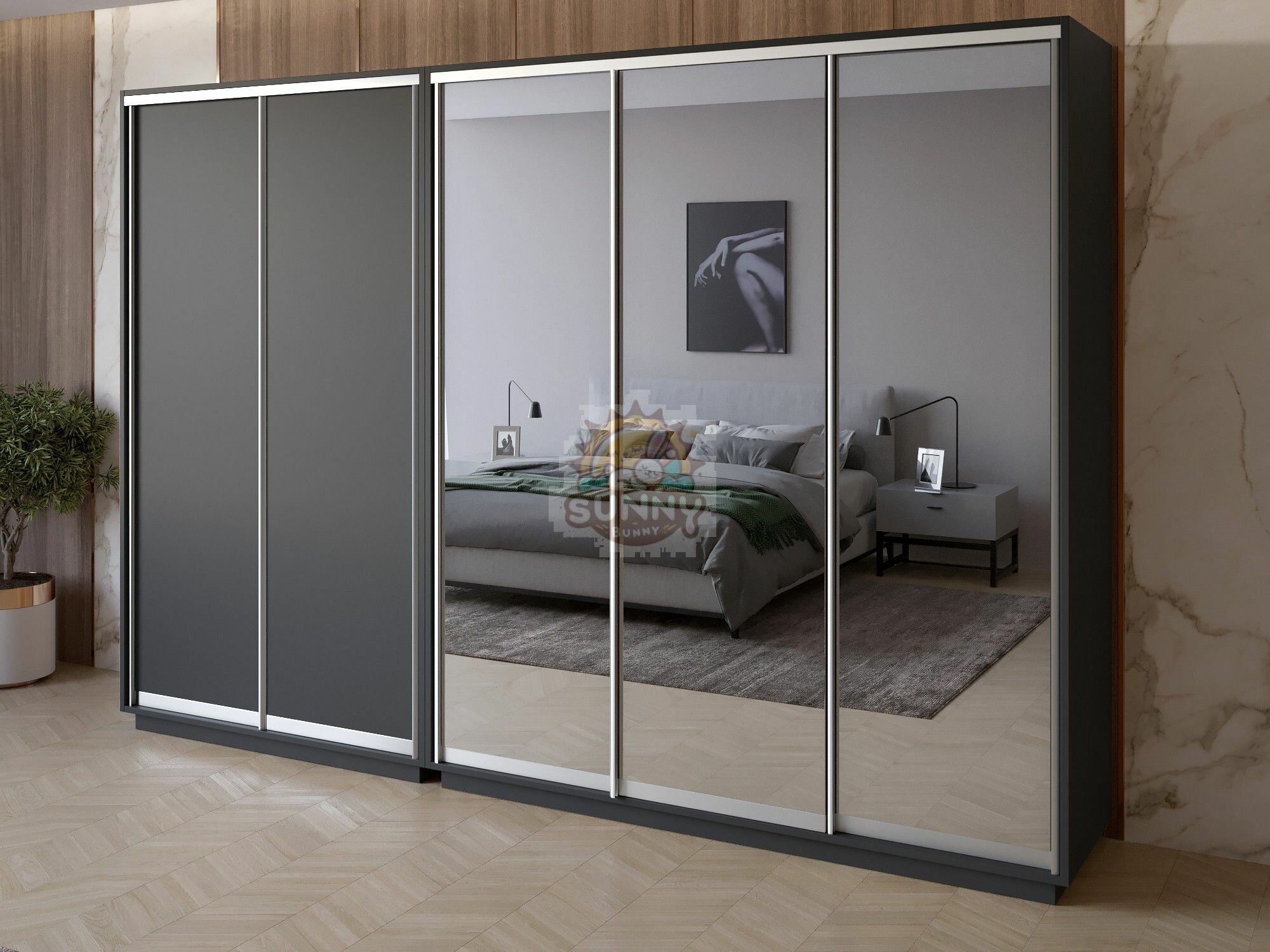 Шкаф-купе Вилли 5-ти дверный модульный (2+3) ЛДСП-2/Зеркало-3, профиль серебро, 300х45х220 см. Серый диамант