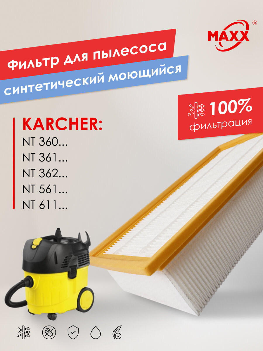 HEPA фильтр для пылесоса Karcher NT 360, NT 361, NT 362, NT 561, NT 611 плоский моющийся