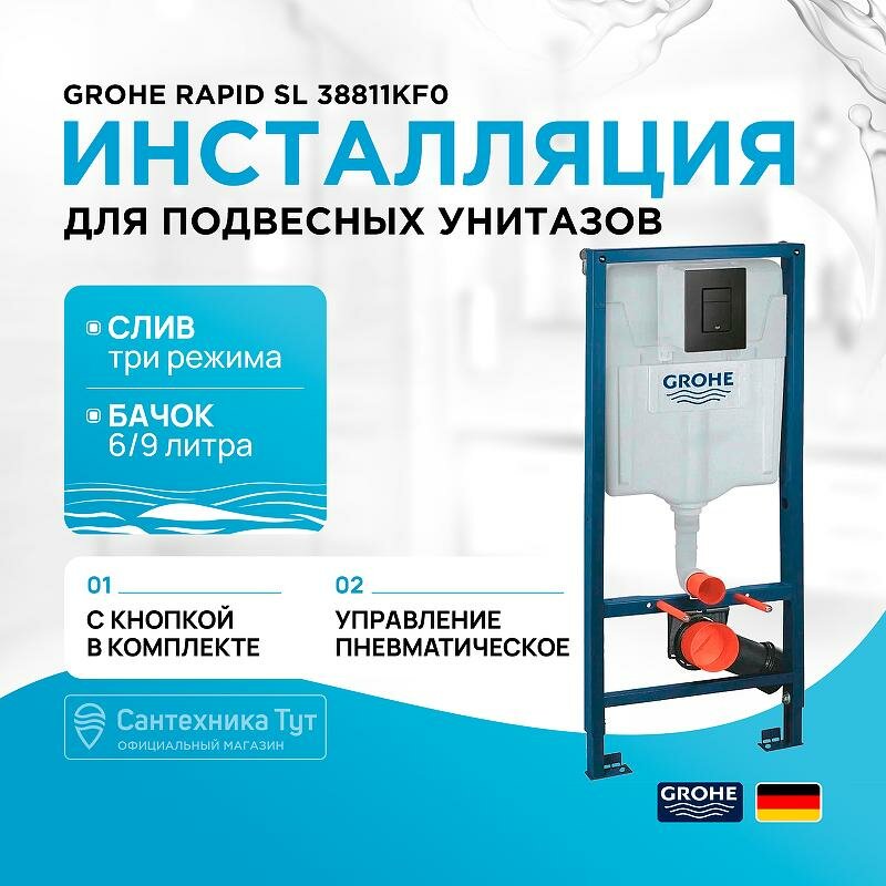 Инсталляция для унитаза Grohe 38811KF0 с бачком и черной кнопкой смыва