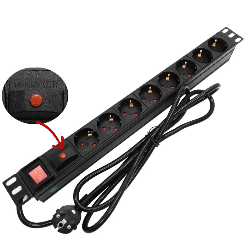 Удлинительная розетка 19 дюймов, 16А, 8 розеток Overload protection
