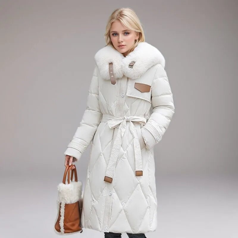 Куртка Женский длинный пуховик выше колена, зима 2025, корейская версия пуховика, стильная талия, толстая стеганая куртка, меховой воротник-шаль, женская куртка