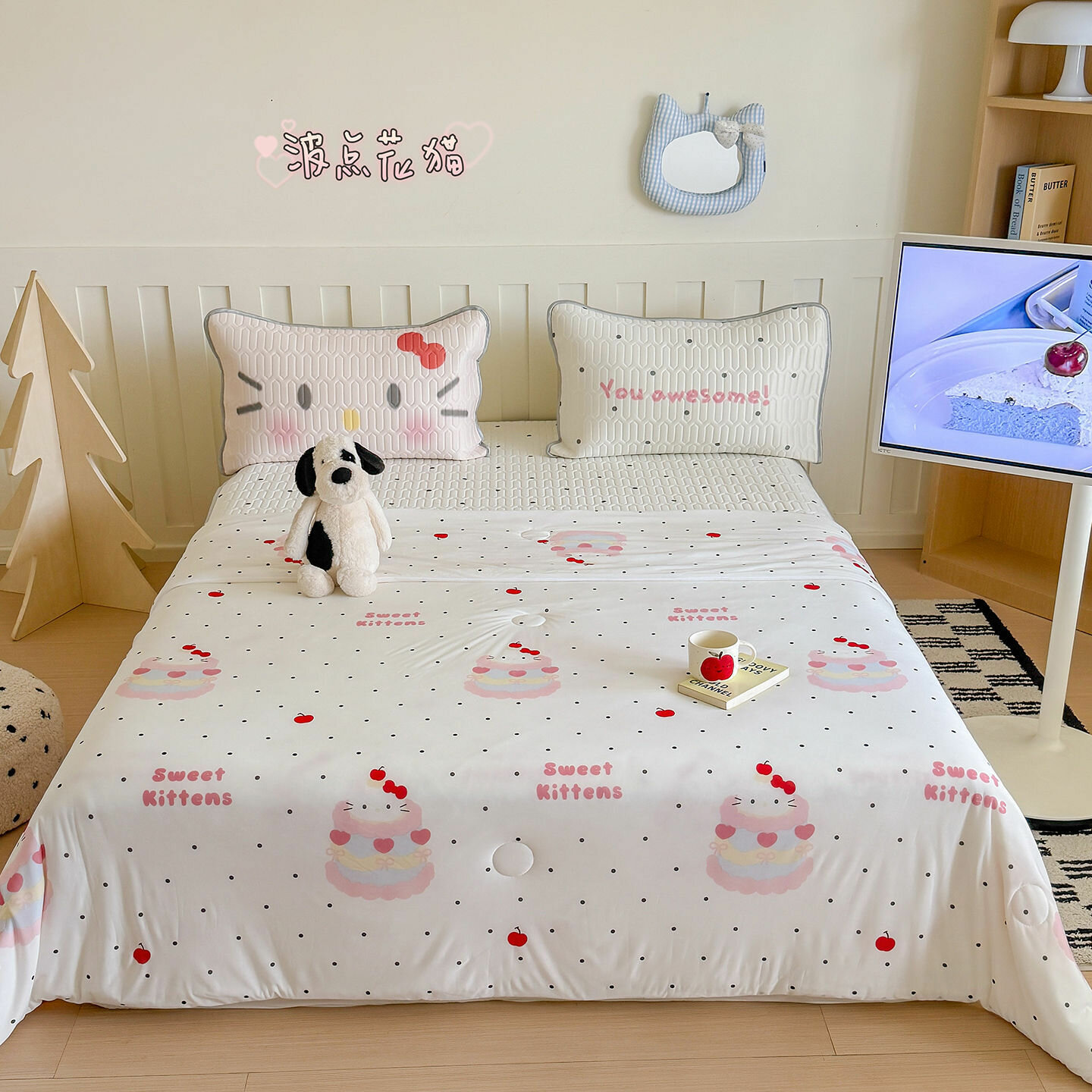 Полка-дот розовый котик Летнее одеяло Стандартный размер 200x230см Легкое постельное белье для общежития