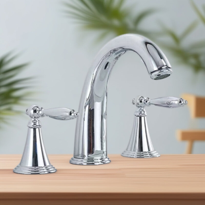 Сантехническая фурнитура: трехотверстный смеситель для раковины, трехкомпонентный комплект смесителя.