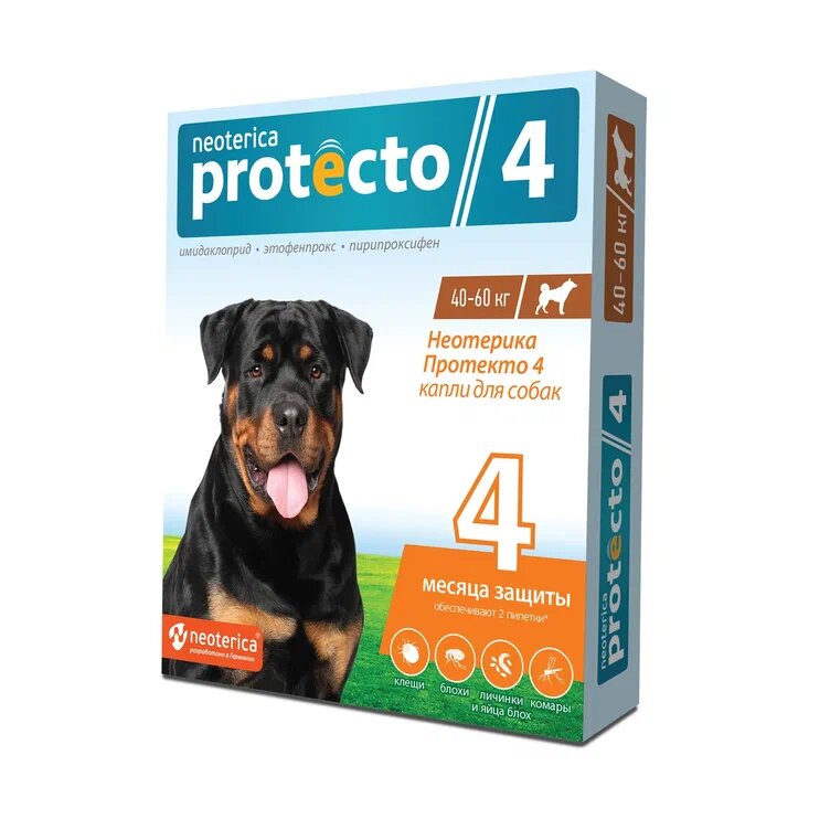 Капли Neoterica Protecto 4 от блох и клещей для щенков, собак, от 40 до 60 кг 2 шт. в уп.