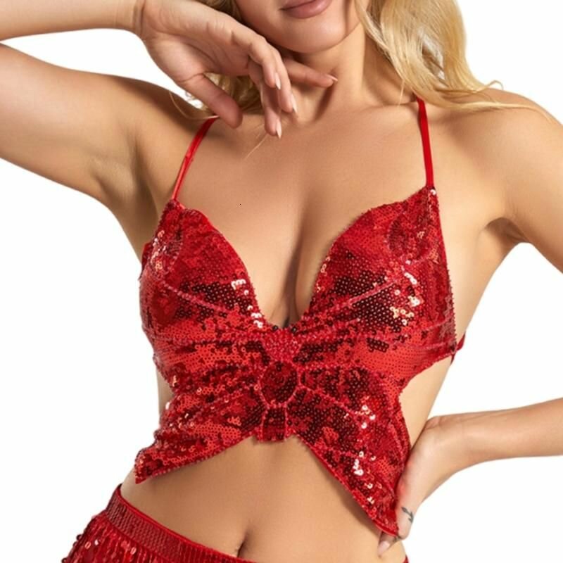 Женский летний топ с бабочками и блестками, красный