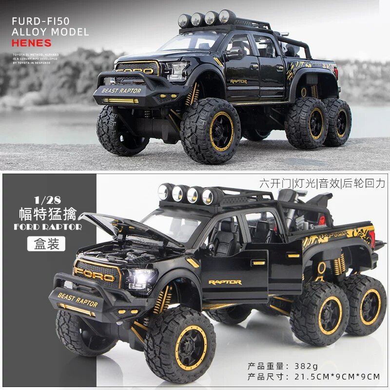 Подлинная модель Ford F-150 Raptor 6-колесная копия 1:64 из сплава, миниатюрный игрушечный грузовик в глянцевой черной