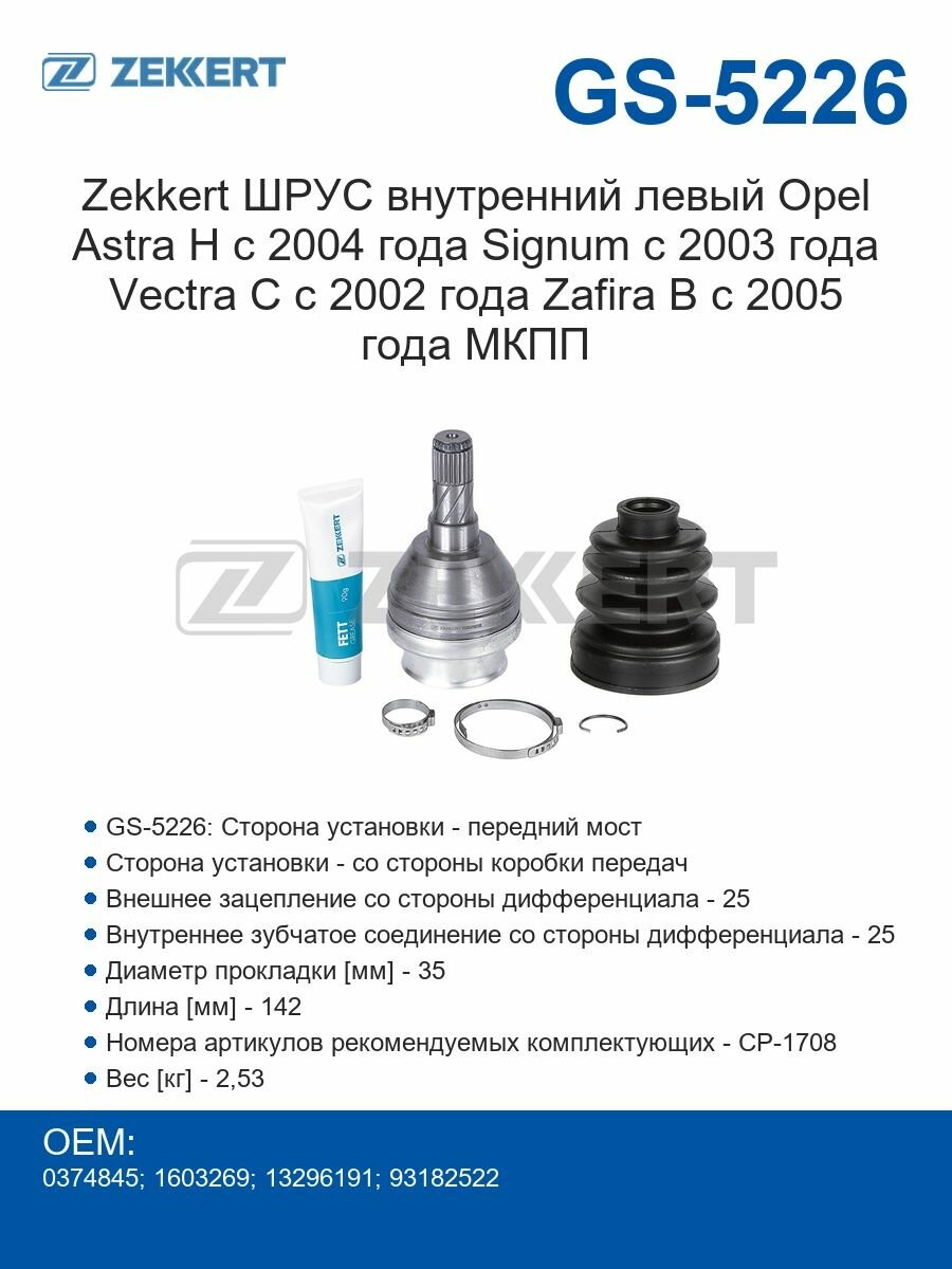 Zekkert ШРУС внутренний левый Opel Astra H с 2004 года Signum с 2003 года Vectra C с 2002 года Zafira B с 2005 года МКПП