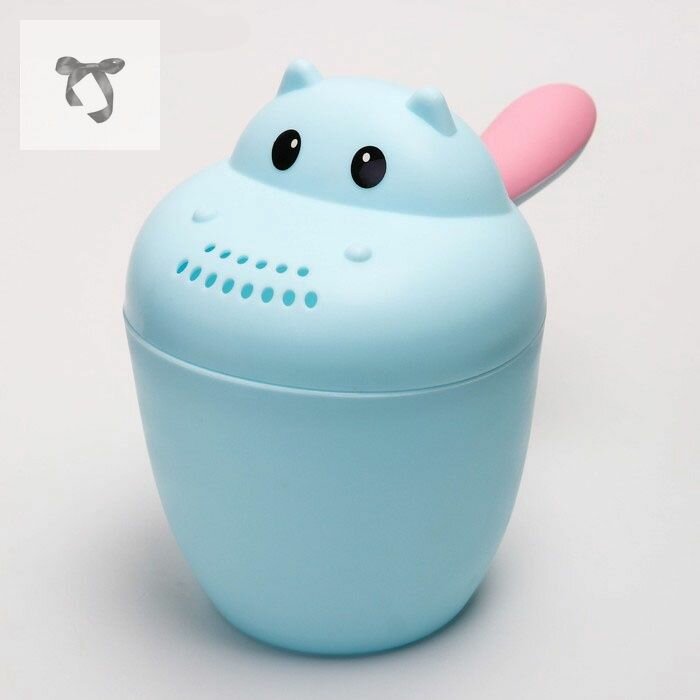 Ковш детский для мытья головы/Лейка душ для купания малышей/Ковшик для ванной "Бегемотик" 750мл, 19х11х15 голубой