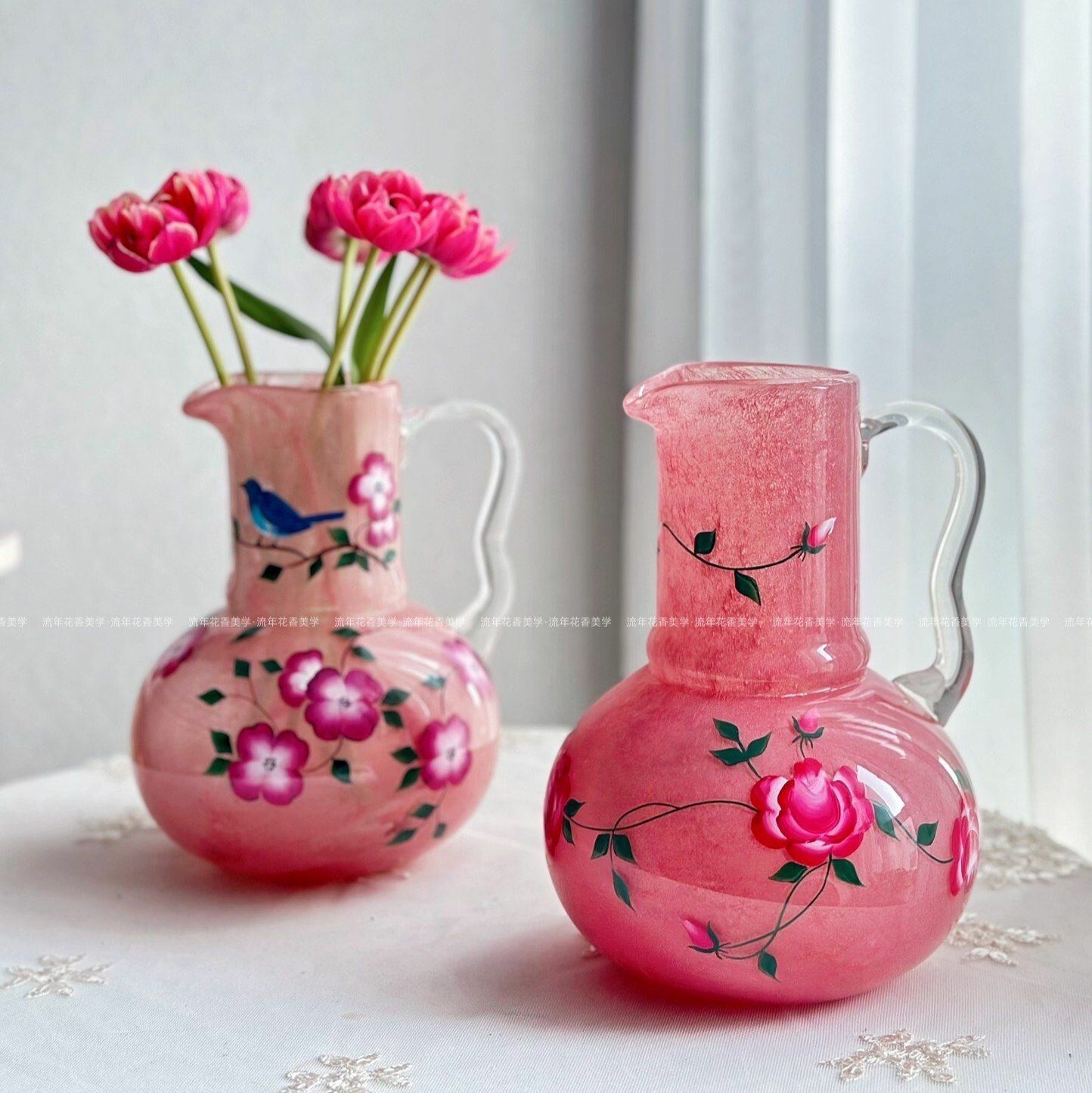 Ваза "Икеа", витражное стекло, настольная, светло-розовая, 23см