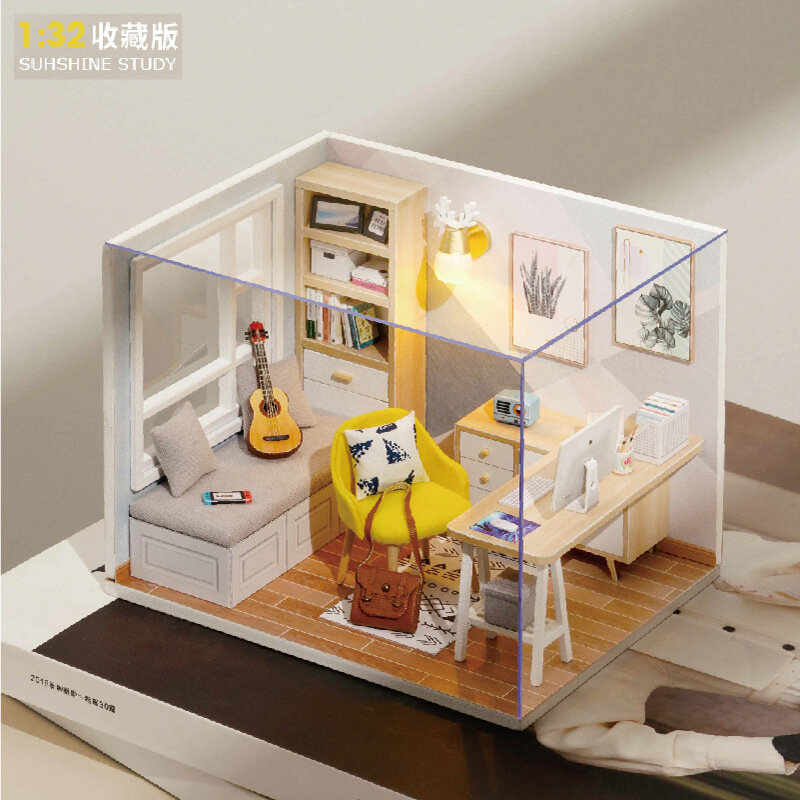 QT007B Мини-кабинет солнечного света DIY 3D-головоломка с LED-лампами, клеем и пылезащитным колпаком - русская версия