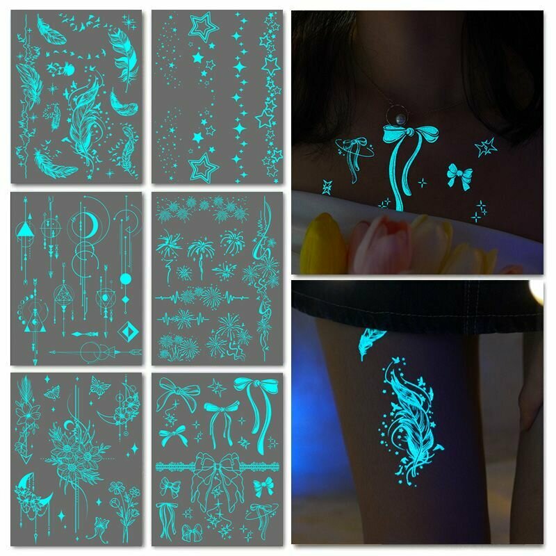 Белая хна татуировка наклейка красивое кружево на тыльной стороне руки цветок бабочка невеста светящаяся наклейка, светящийся стикер для запястья и ключицы