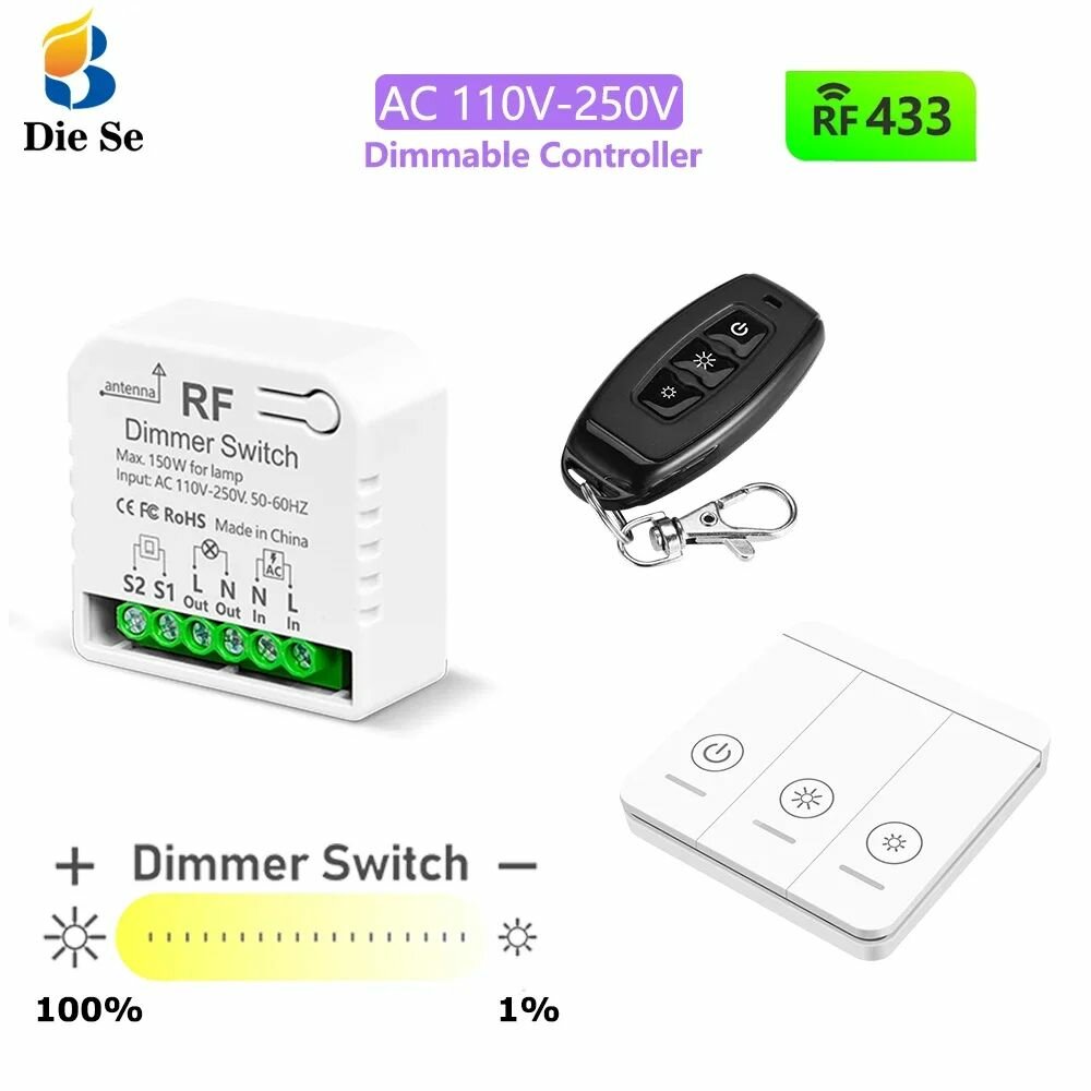 433MHz Беспроводной Диммер Переключатель Света AC 110V 220V 150w Пульт Дистанционного Управления для Лампы Светодиодные Галогенные Накаливания