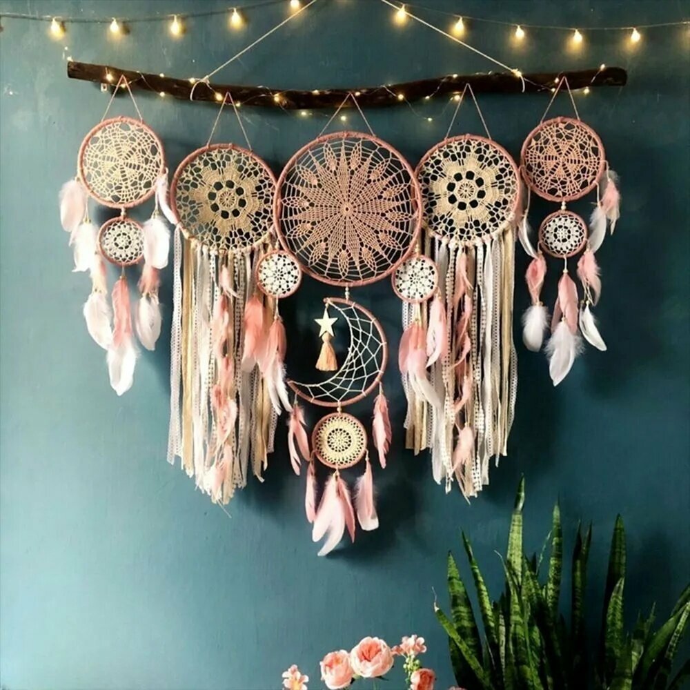 Ловец снов, Большой белый ловец снов с перьями на стену,80cm амулет для дома