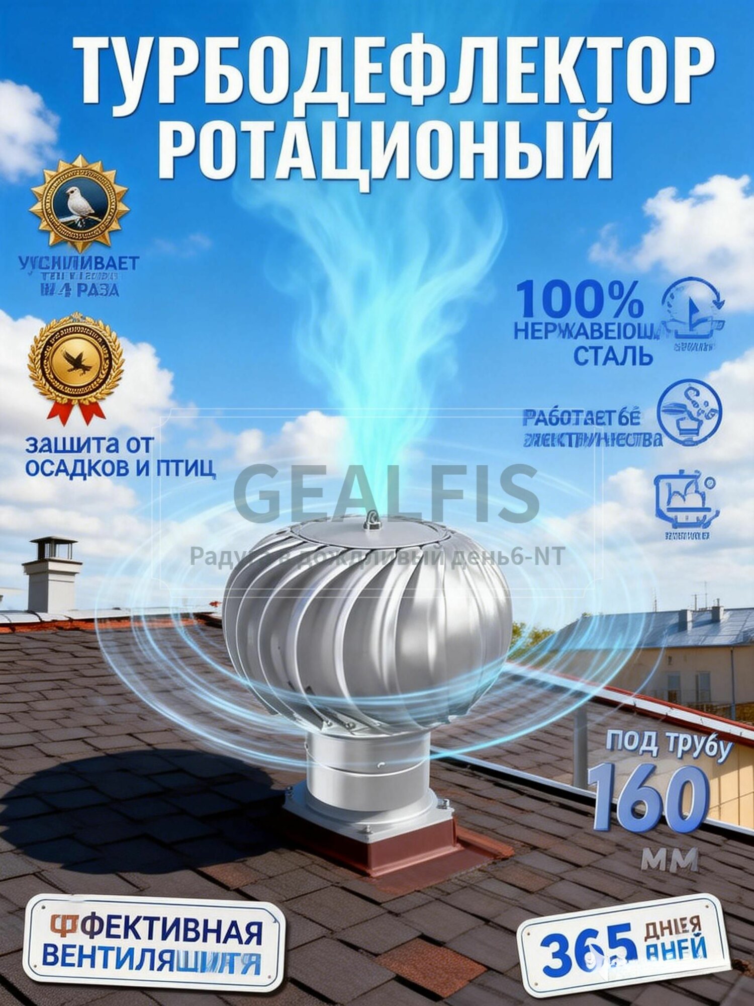 Турбодефлектор для вентиляции 160 мм GEALFIS нержавеющая сталь ротационный дефлектор на трубу для дымохода и крыши усилитель тяги