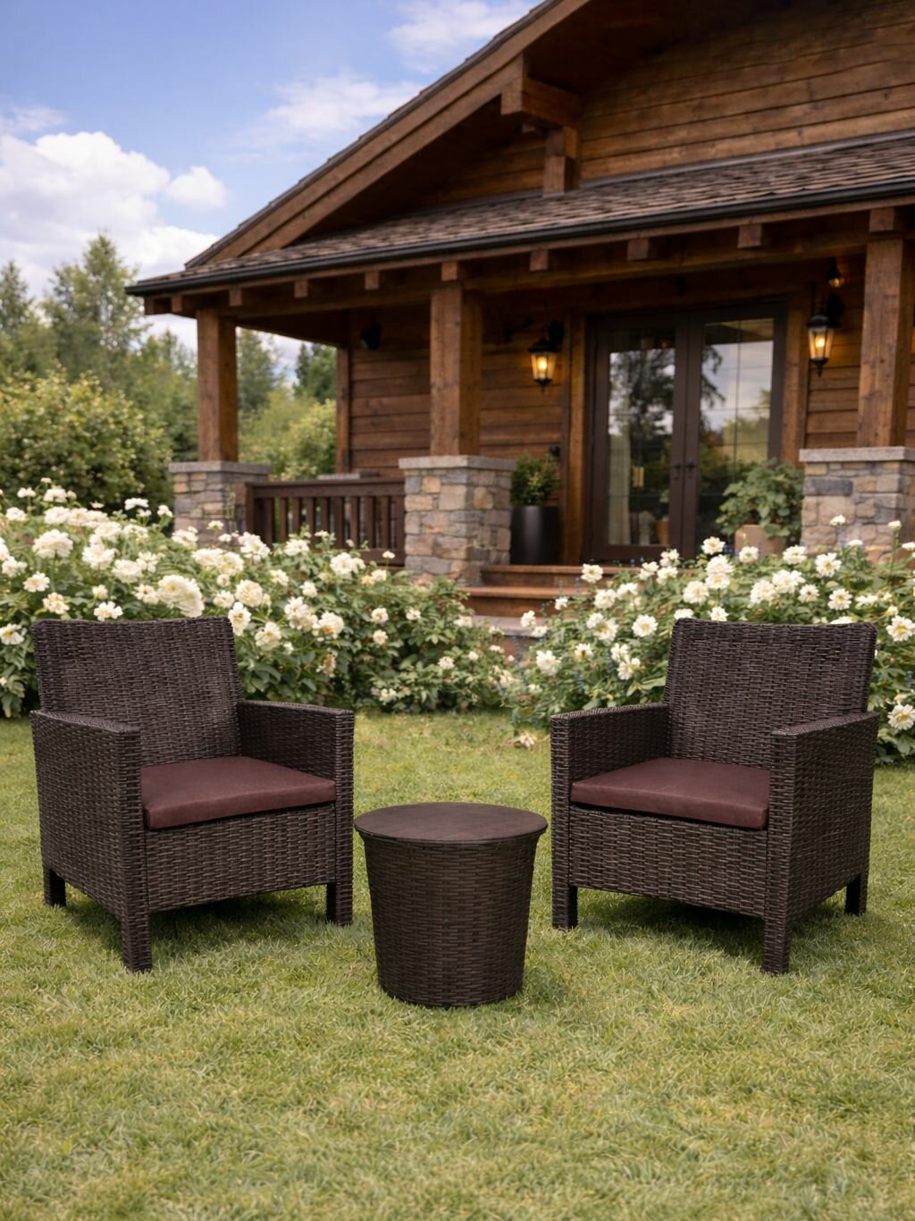 Комплект садовой мебели, 2 кресла, коричневый, под ротанг, с подушками и столиком