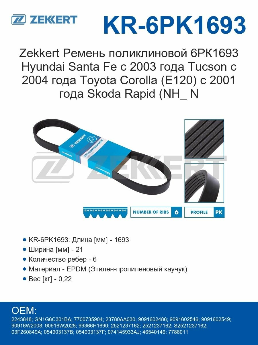 Zekkert Ремень поликлиновой 6РК1693 Hyundai Santa Fe с 2003 года Tucson с 2004 года Toyota Corolla (E120) с 2001 года Skoda Rapid (NH_ N