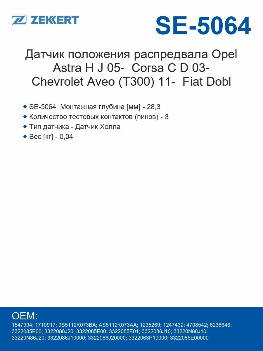 Zekkert Датчик положения распредвала Opel Astra H, J 05-, Corsa C, D 03-, Chevrolet Aveo (T300) 11-, Fiat Doblo (119_,223_,263_) 04-