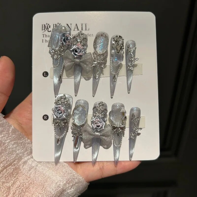 10 шт. накладных ногтей ручной работы, белые, в стиле Moonlight Light Luxury, с эффектом «кошачий глаз», для продвинутого маникюра, с эффектом отбеливания, в стиле Heavy Industry